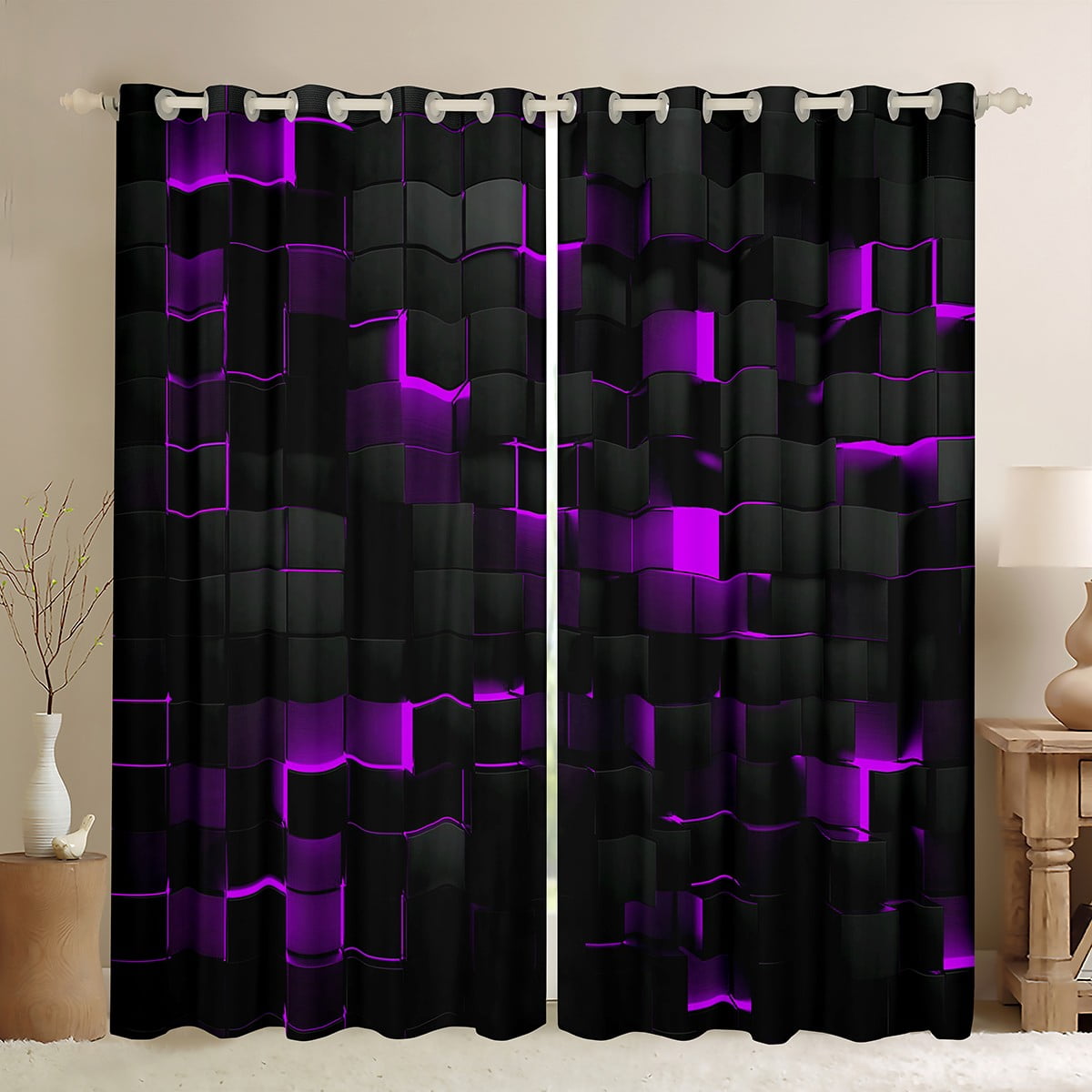 YST Neon Black Purple Curtains & Drapes 42"Wx63"L Abstract Geometric ...