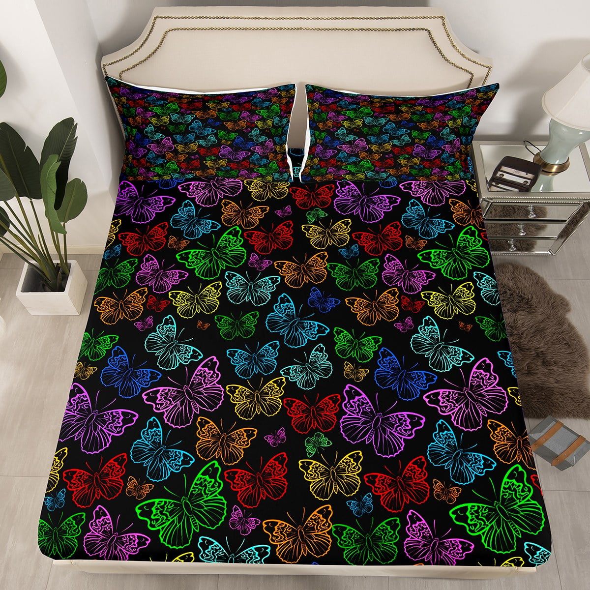 YST Neon Butterfly Queen Fitted Sheet Rainbow Butterflies Sheets ...
