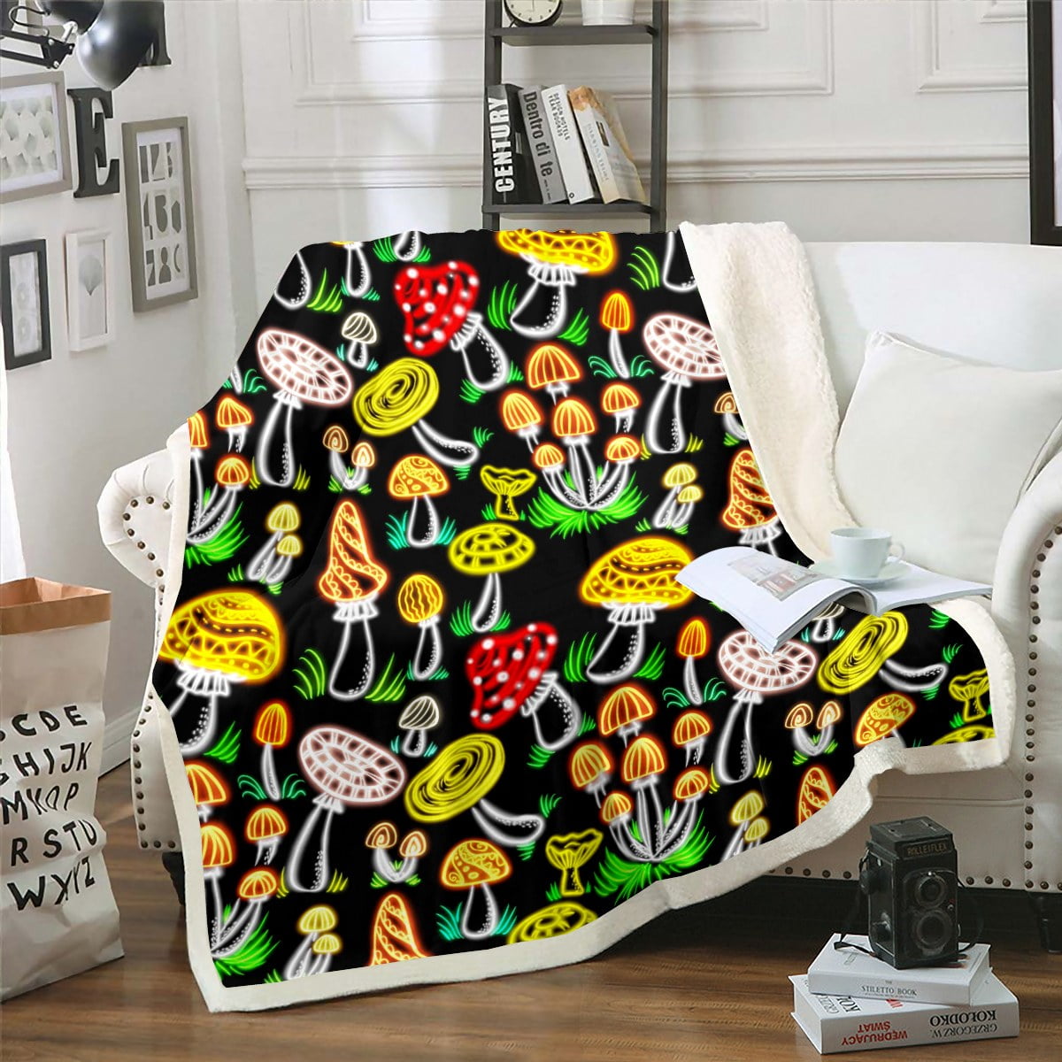Neon Glowing Mushroom Blanket Red Yellow Black Throw Blanket for Bed, Cute Cartoon Fungus Fleece ...