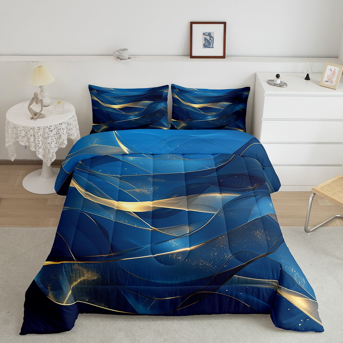 Navy Blue and Gold Comforter Set King Size,Abstract Marble Aesthetic ...