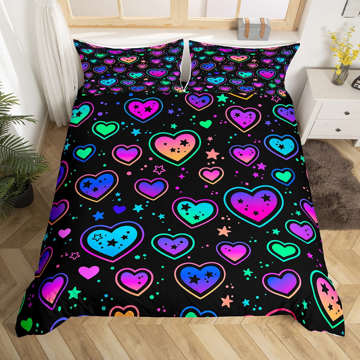 YST Neon Hearts Bed Set Rainbow Love Heart Duvet Cover for Girls ...