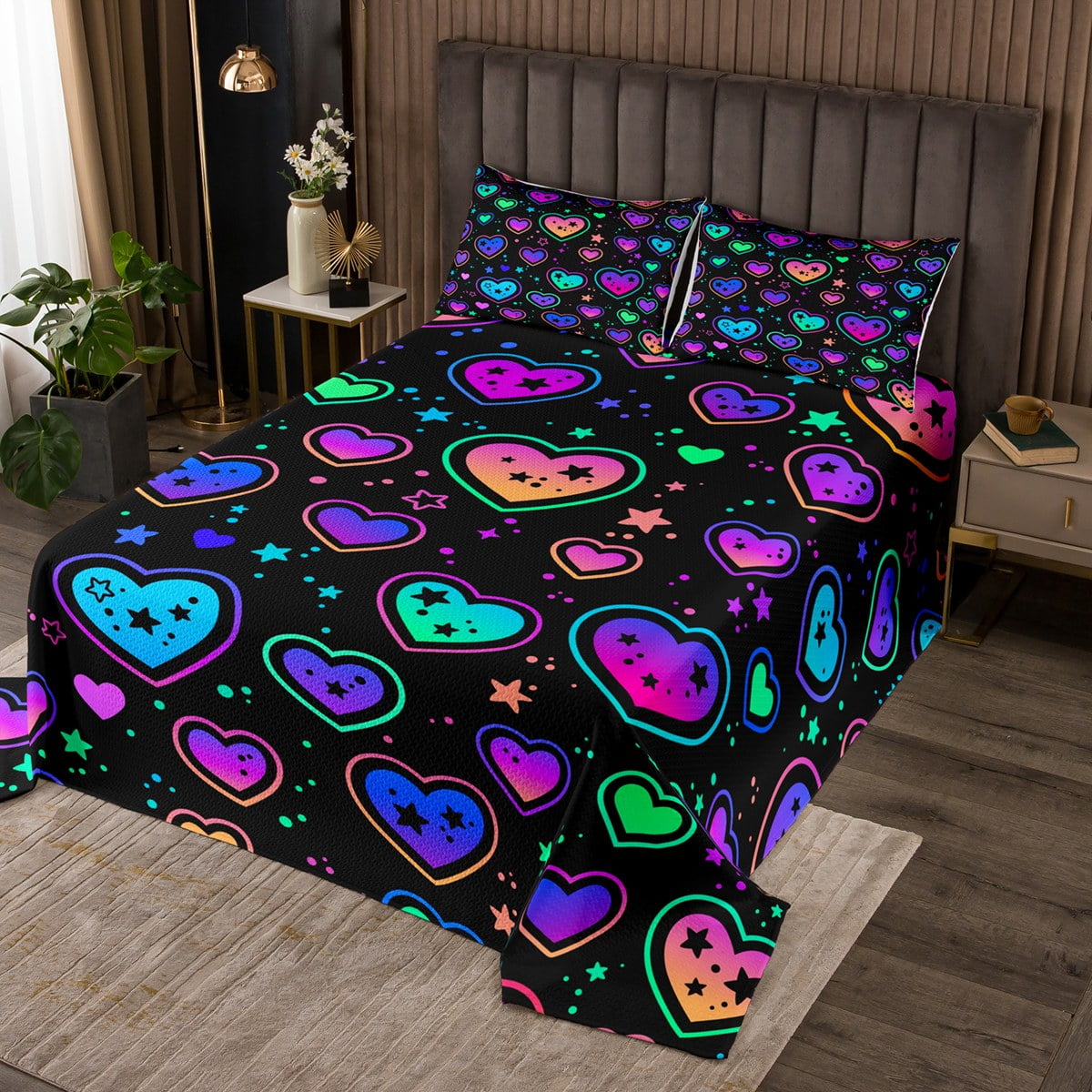 Erosebridal Neon Hearts Queen Quilt Set Rainbow Love Heart Coverlet Set ...