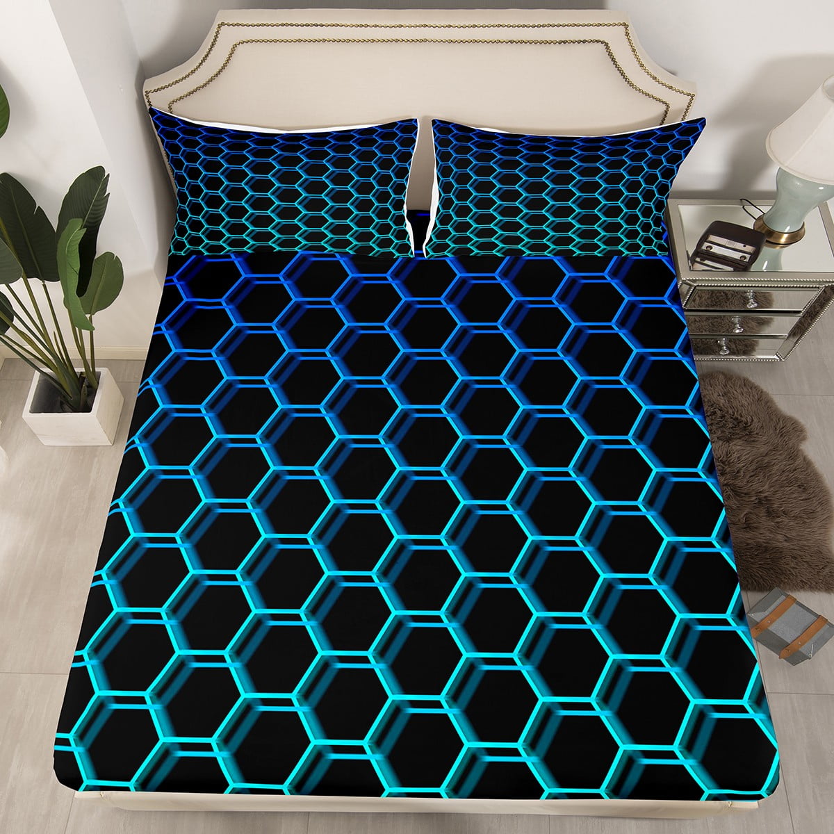 Erosebridal Neon Honeycomb Fitted Sheet Twin Geometric Hexagon Bed ...