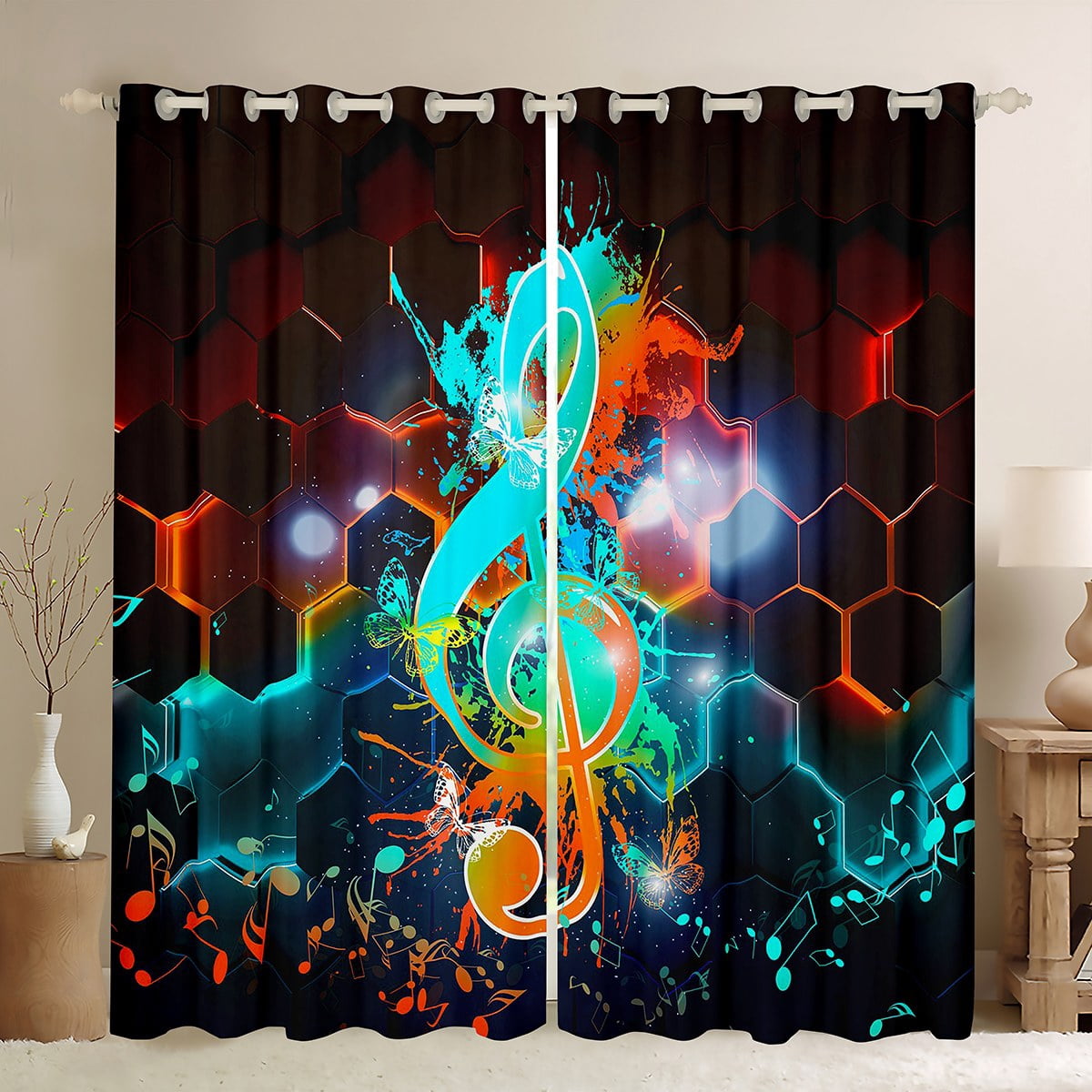 Erosebridal Neon Music Blackout Curtains,Tie Dye Music Notes Curtains ...