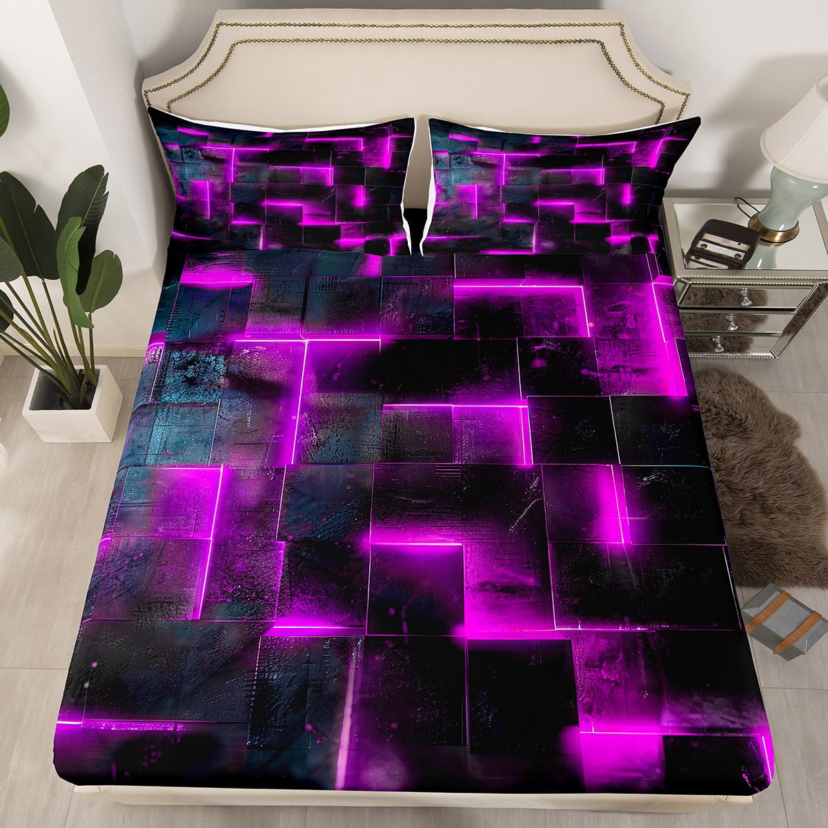Erosebridal Neon Purple and Black Fitted Sheet Queen,3D Checkered ...