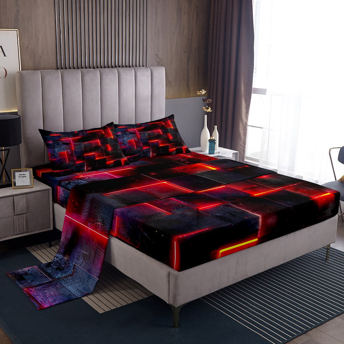Neon Red and Black Twin Bed Sheets ,3D Checkered Geometric Bedding Set ...
