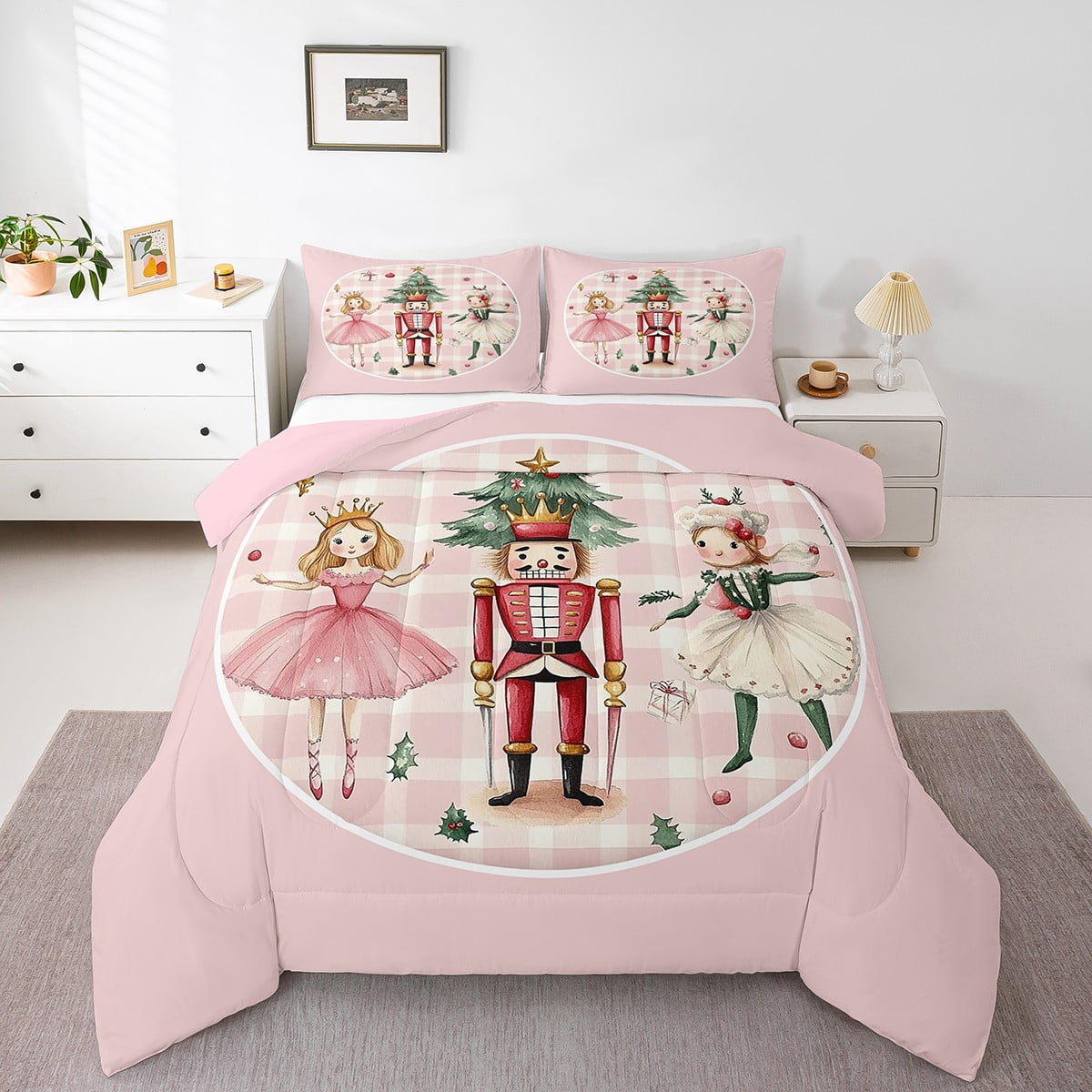 YST Nutcracker Pink Bedding Set Full For Girls,Checkered Christmas ...