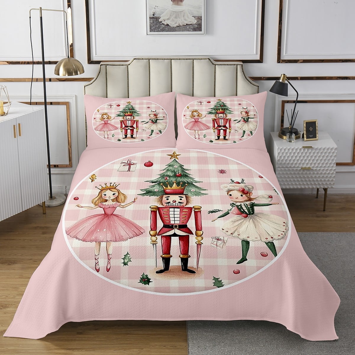 YST Nutcracker Pink Bedspread Set King For Girls,Checkered Christmas ...