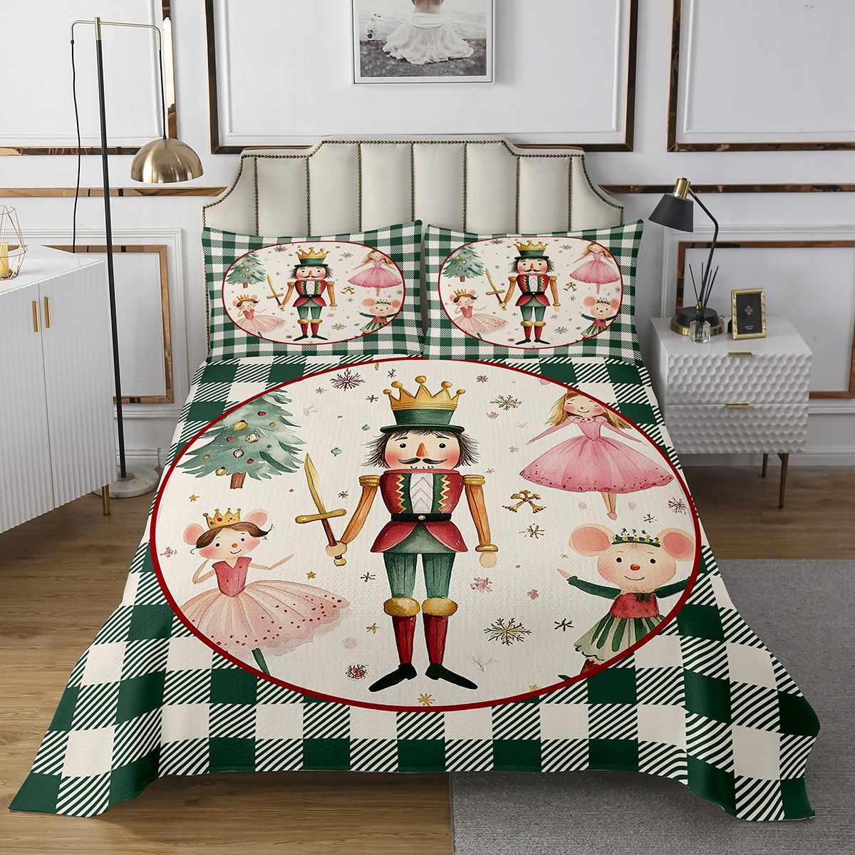 YST Nutcracker Quilt Set King Green Christmas Buffalo Plaid Coverlet ...