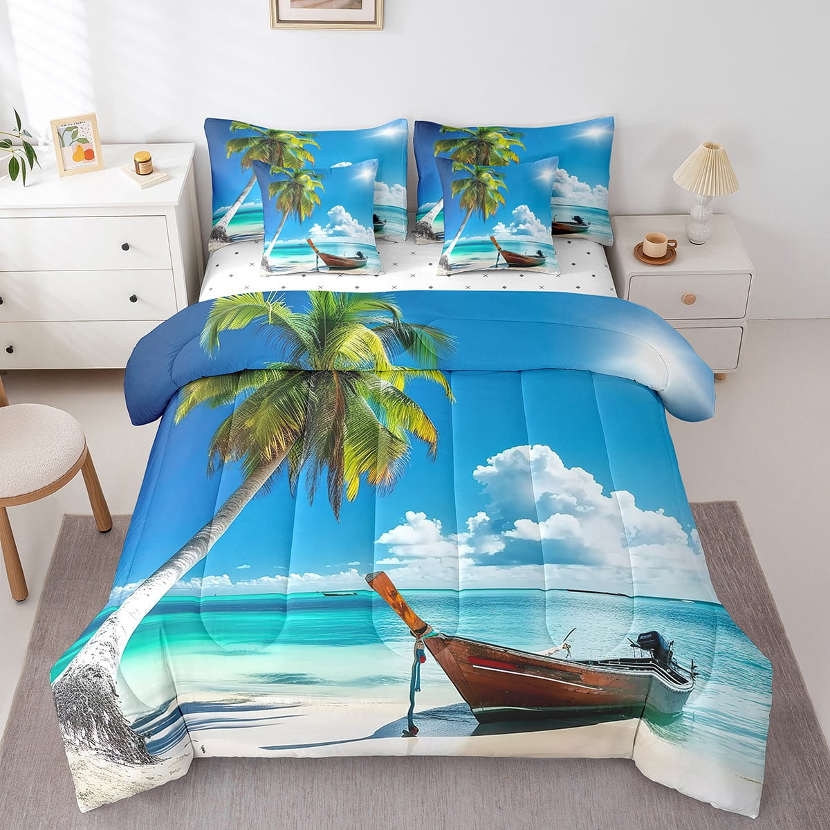 Ocean 7 Pcs Comforter Set Queen,Hawaii Beach Bed in a Bag with Flat ...
