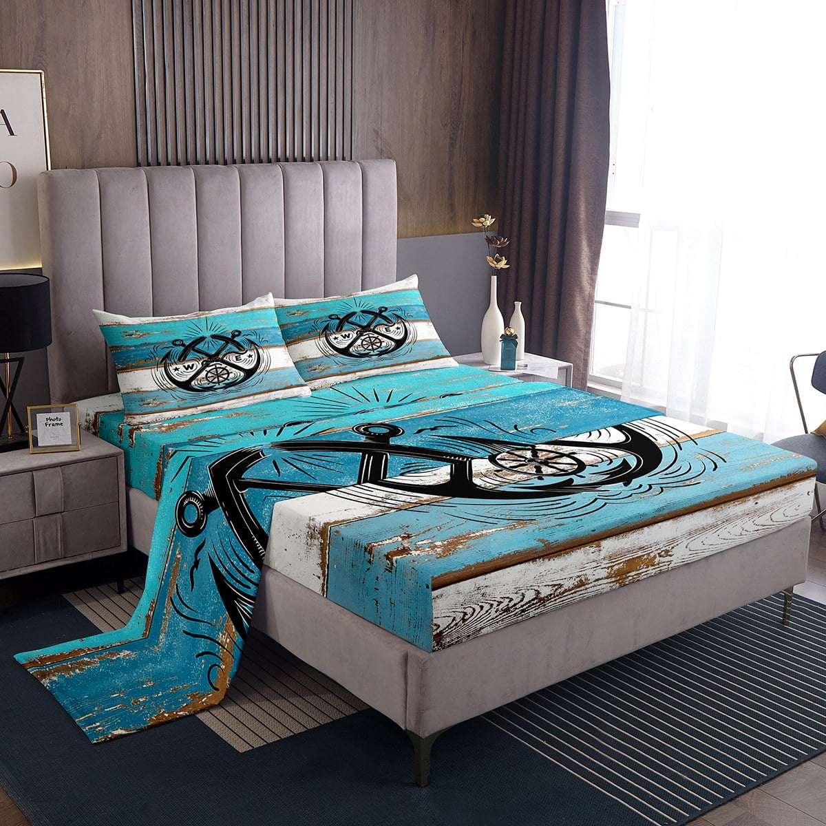 Ocean Anchor Bed Sheets Set Queen,Rustic Wooden Plank Printed Sheet Set ...
