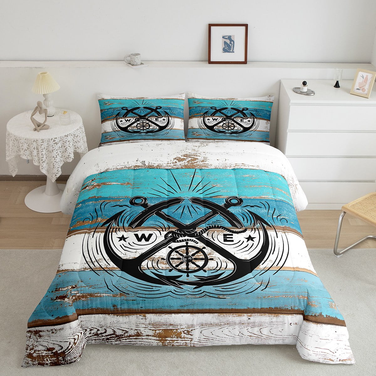 YST Ocean Anchor Comforter Set Twin,Rustic Wooden Plank Printed Bedding ...