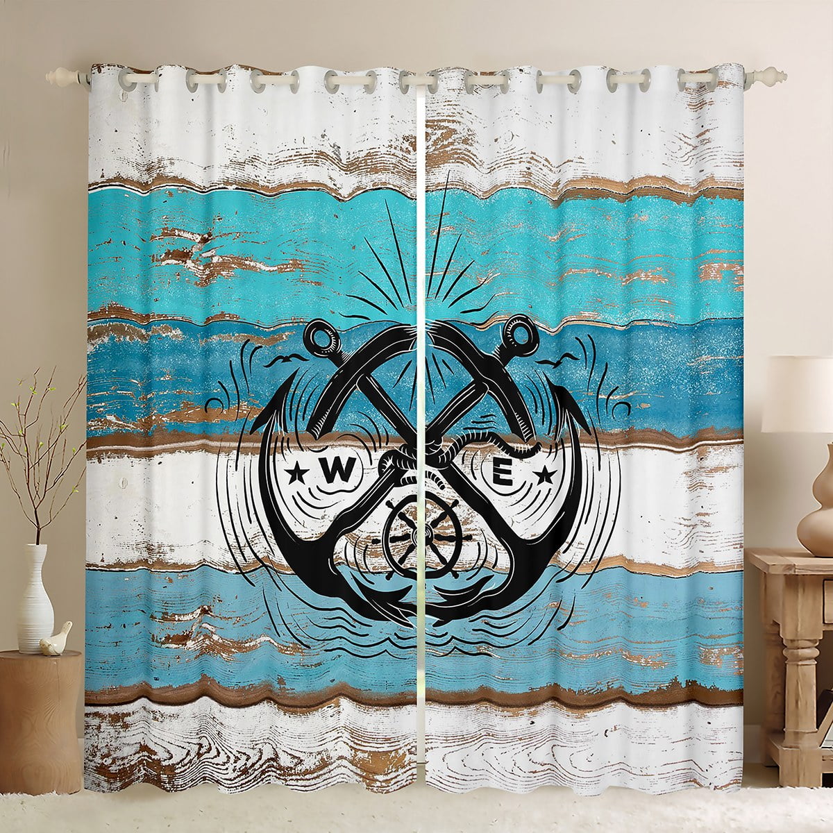 YST Ocean Anchor Curtains 42Wx63L,Rustic Wooden Plank Printed Blackout ...