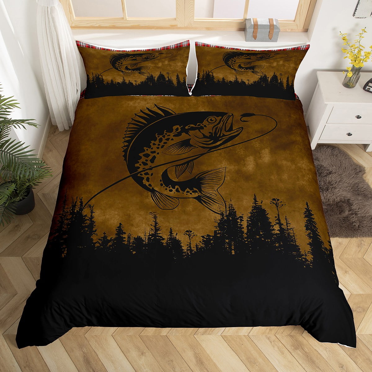 Ocean Animal Bed Set Bass Fish Silhouette Duvet Cover, Fishing Bedding ...