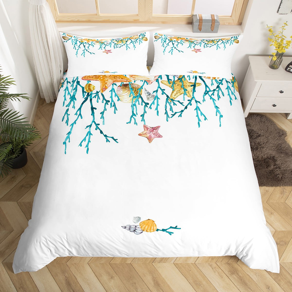 YST Ocean Animal Bed Set Gold Starfish Duvet Cover, Watercolor Seashell ...