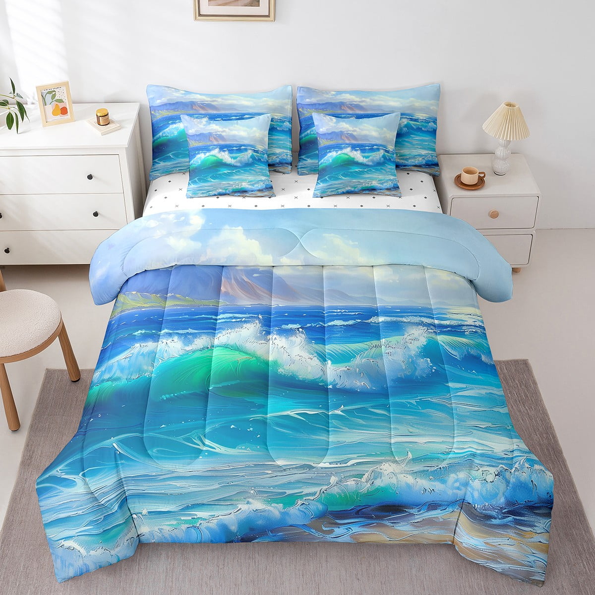 YST Ocean Beach Bed In A Bag With Sheets Full 7 Piece Tropical Coastal ...