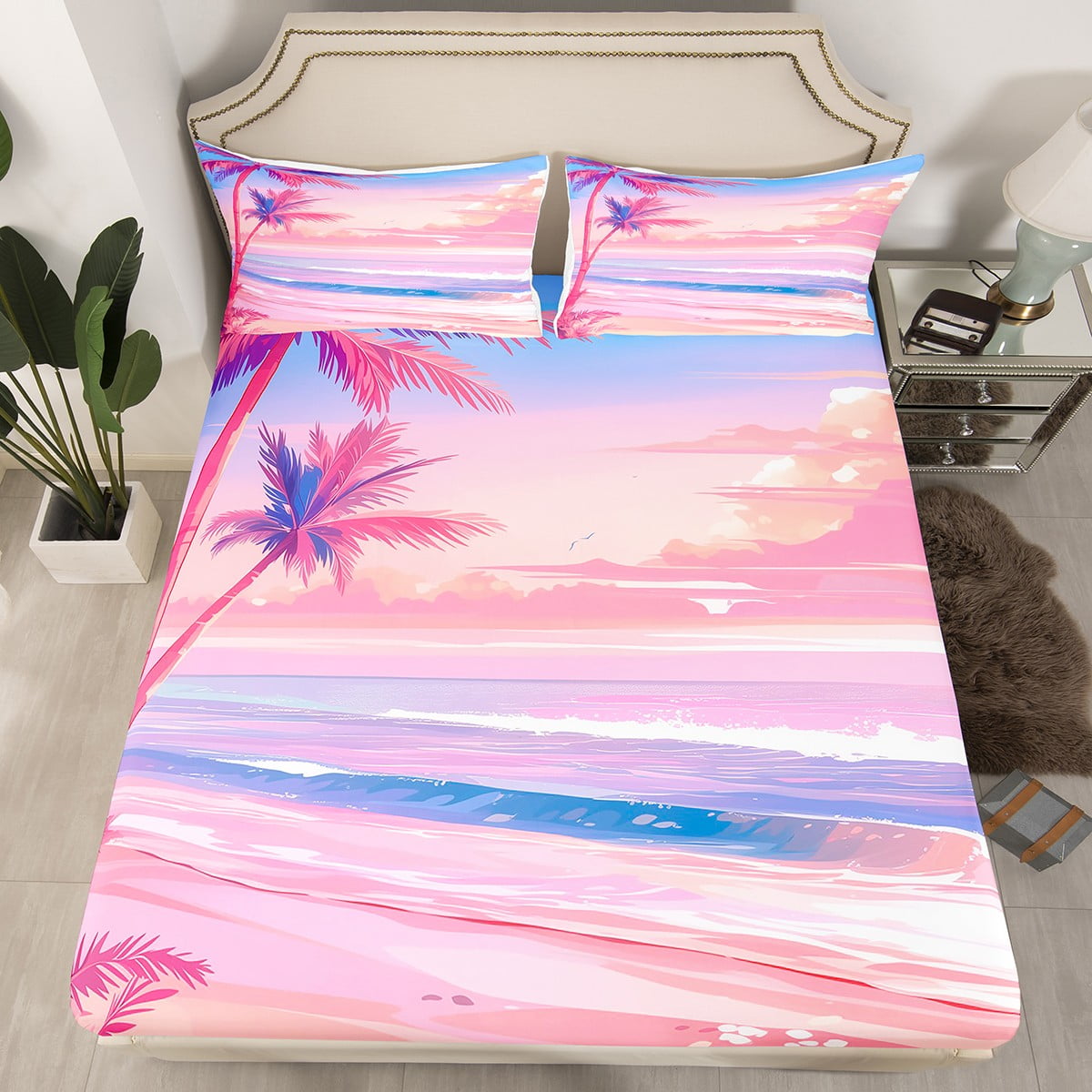 YST Ocean Beach Bedding Set Queen Size，Palm Tree Tropical Botanical ...