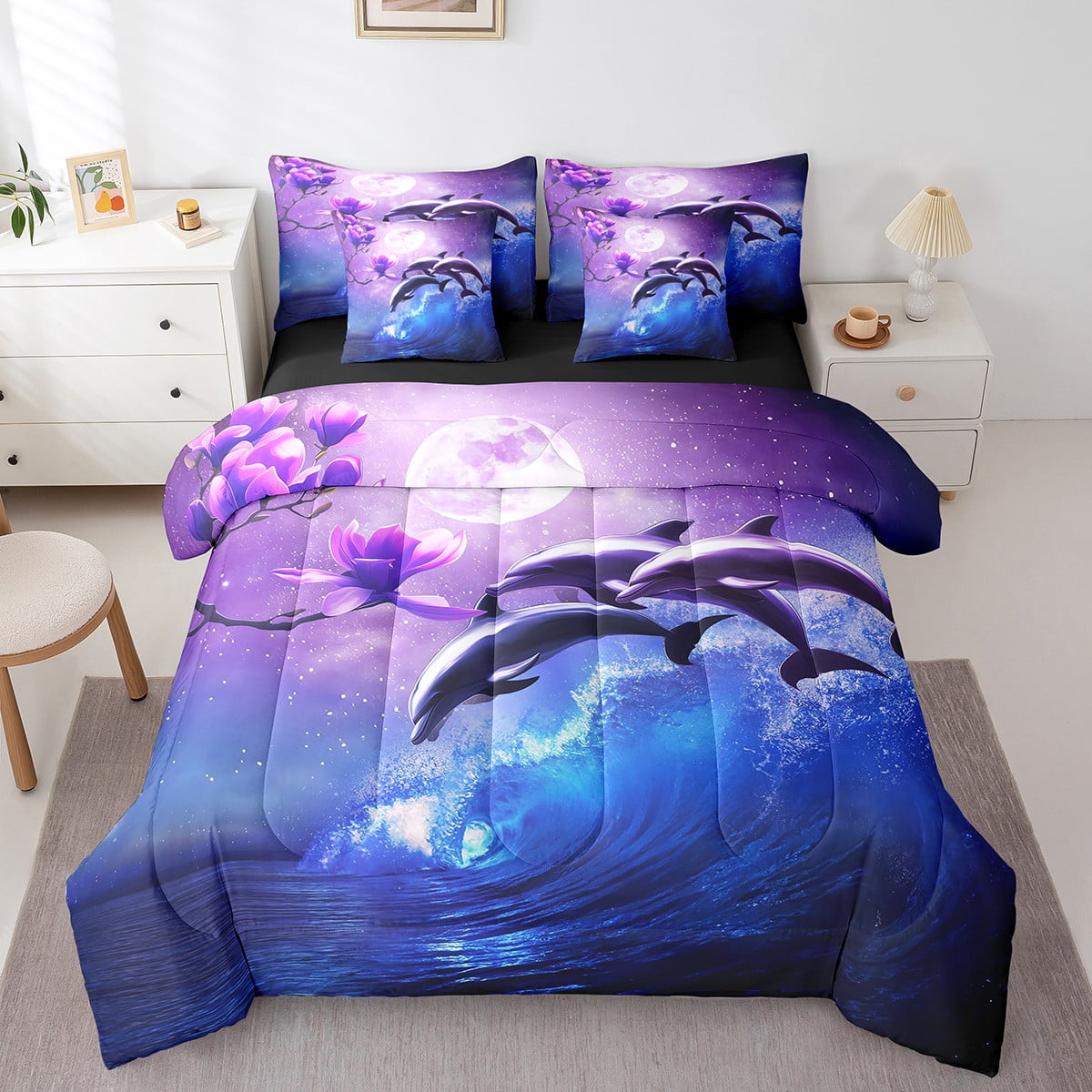 YST Ocean Bed In A Bag Queen Coastal Dolphin Comforter Set 7 Piece For ...