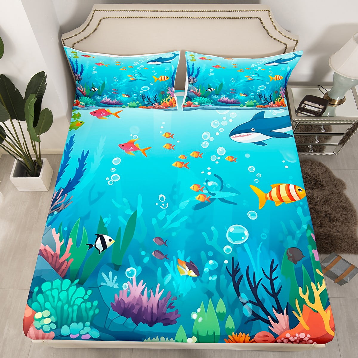 Ocean Bedding Set Twin Size, Gold Fish Shark Fitted Sheet ren ...