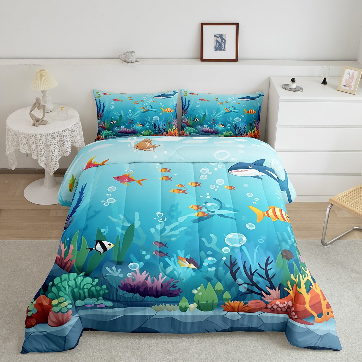Erosebridal Ocean Comforter Set Queen Size, Gold Fish Shark Bedding Set ...