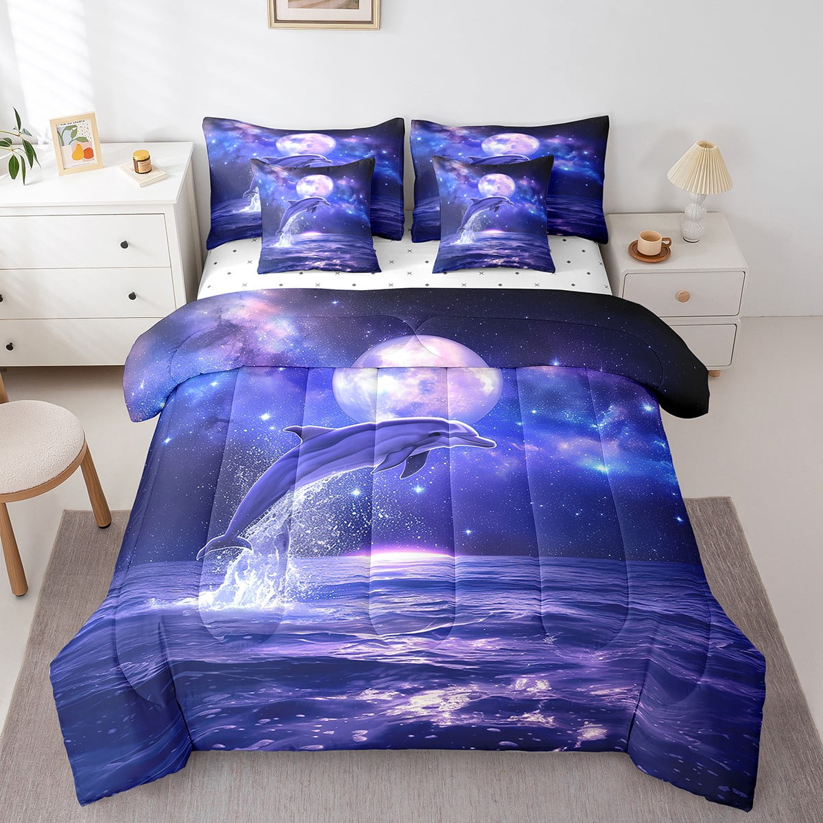 YST Ocean Dolphin Twin Comforter Set 7 Piece,Galaxy Coastal Bed in A ...