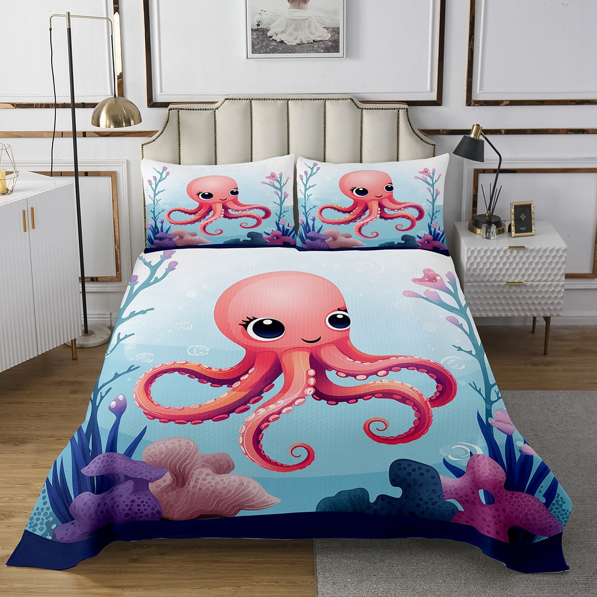 Erosebridal Ocean Octopus Bedspread King,Ocean Animal Sea Life Quilt ...
