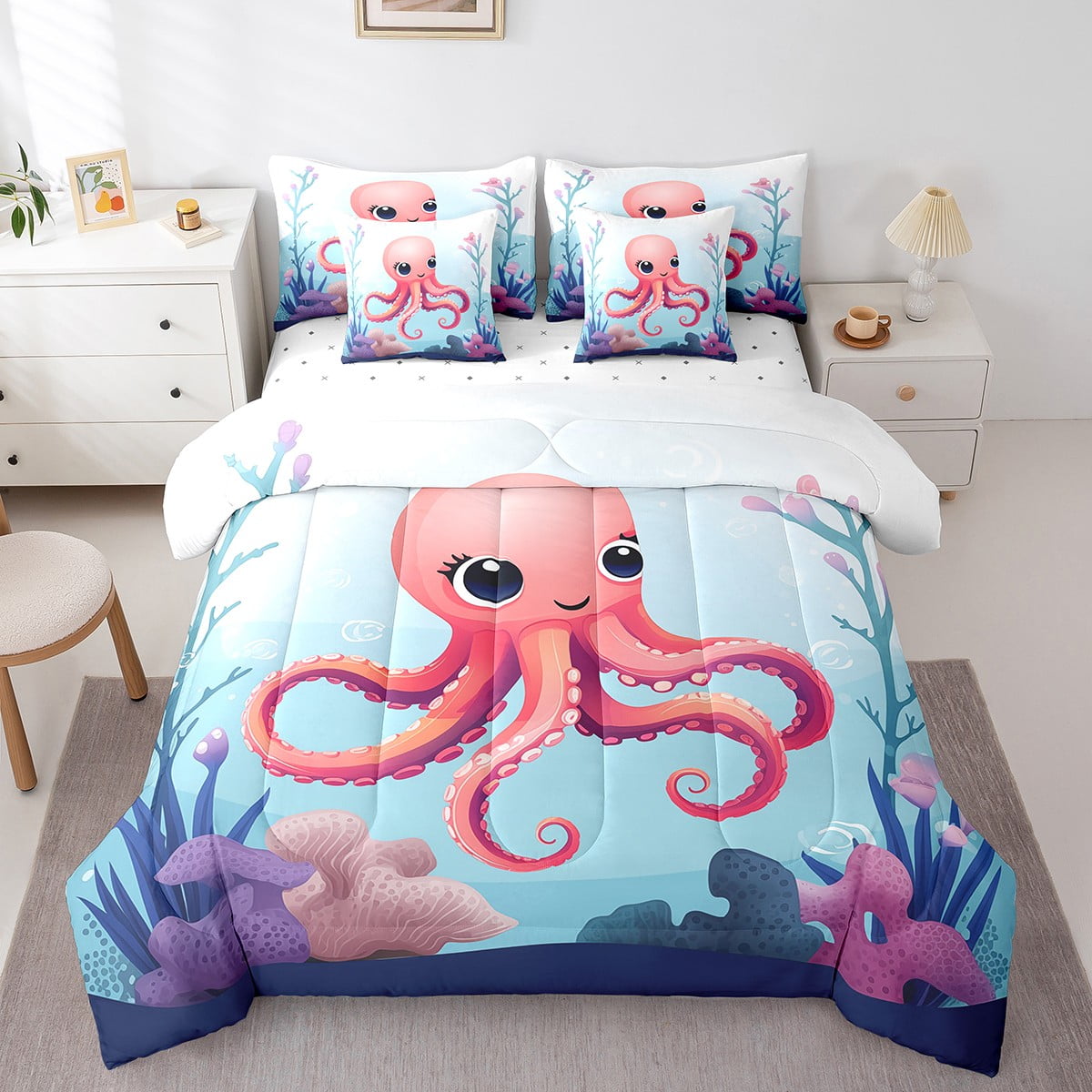 YST Ocean Octopus Comforter Set King 7 Piece Marine Animal Sea Life Bed ...