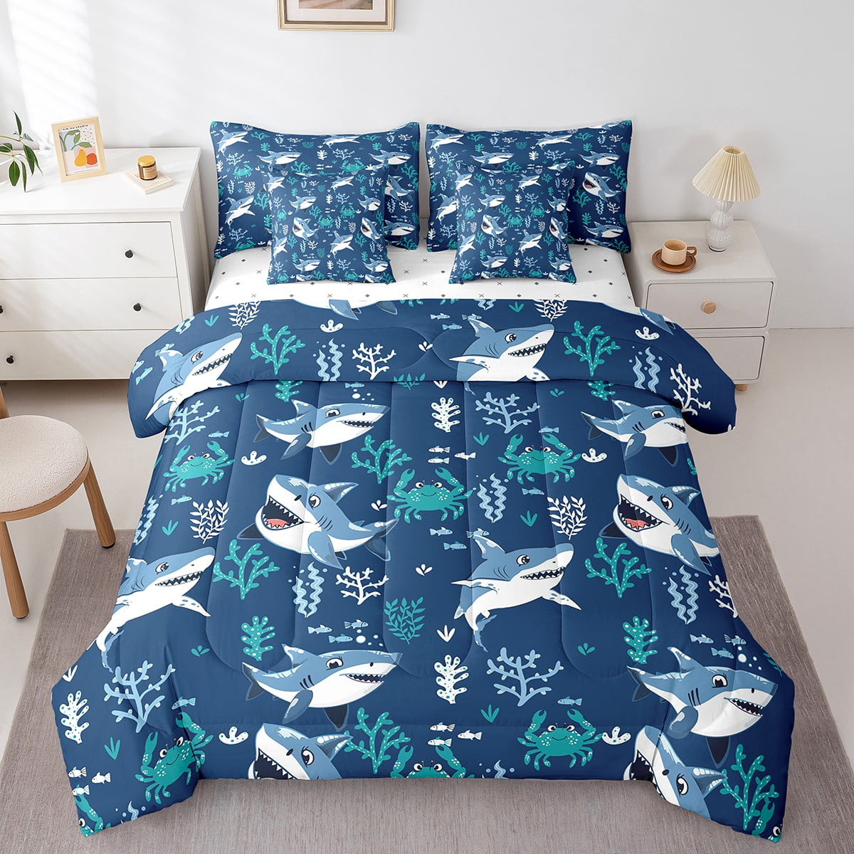 YST Ocean Shark Comforter Set Full 7 Piece Marine Life Animals Bed in a ...