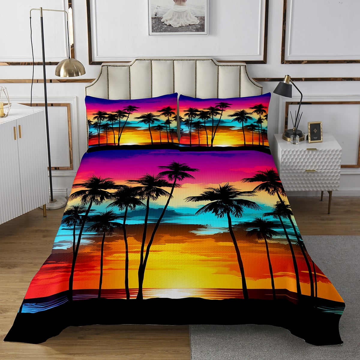 Erosebridal Ocean Sunset Bedspread Queen for Women Men,Coastal Beach Palm Tree Quilt Bedding Set ...