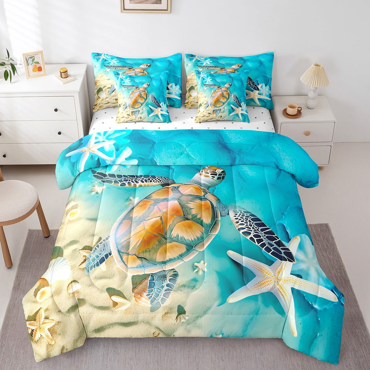 YST Ocean Theme Bedding Comforter Sets 7-Piece Sea Animal Bed in a Bag, 3D Sea Turtle King ...