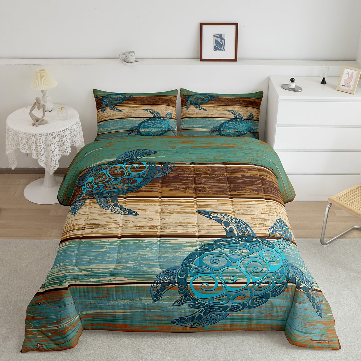 YST Ocean Turtle Comforter Full Sea Bedding Set, Vintage Farmhouse Down ...