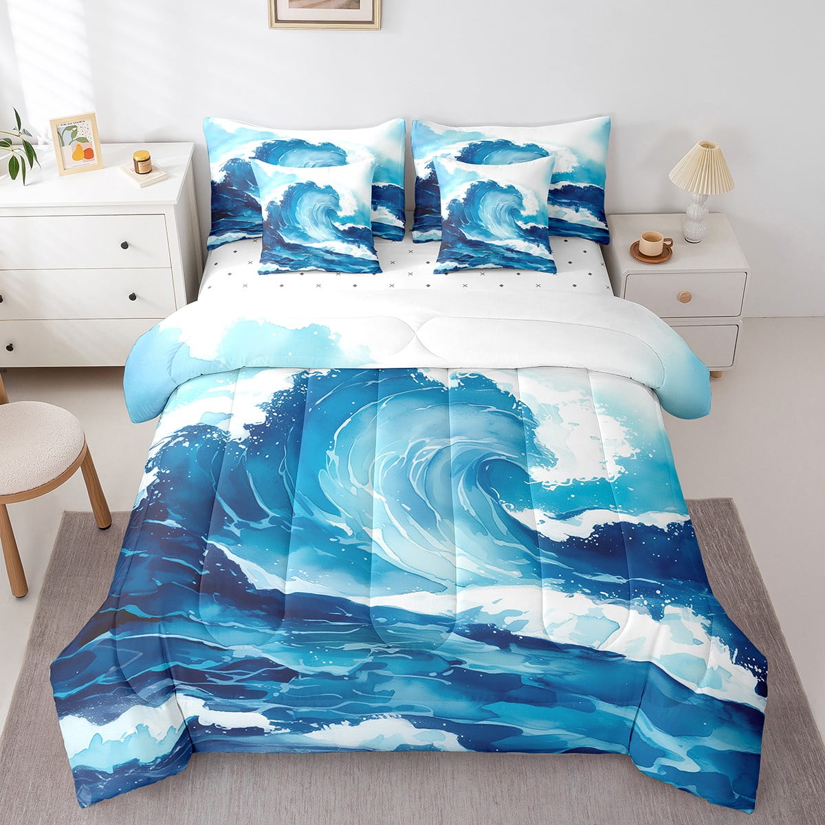 YST Ocean Twin Bed In A Bag 7 Piece Blue Sea Comforter Set Watercolor ...