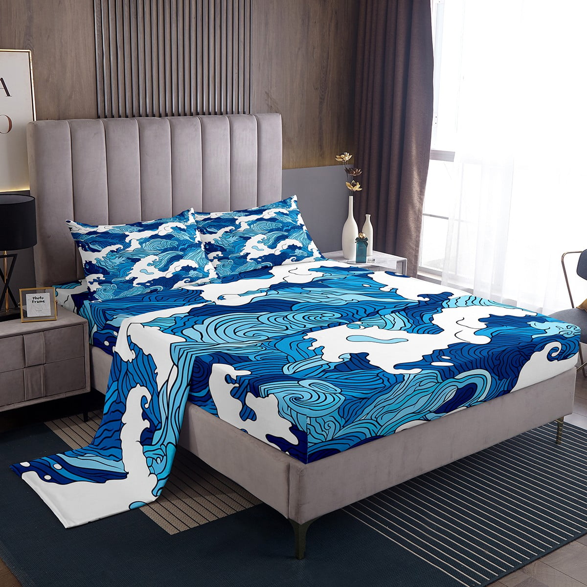 YST Ocean Wave Bed Sheets Set Queen Japanese Hokusai Sheet Set For ...