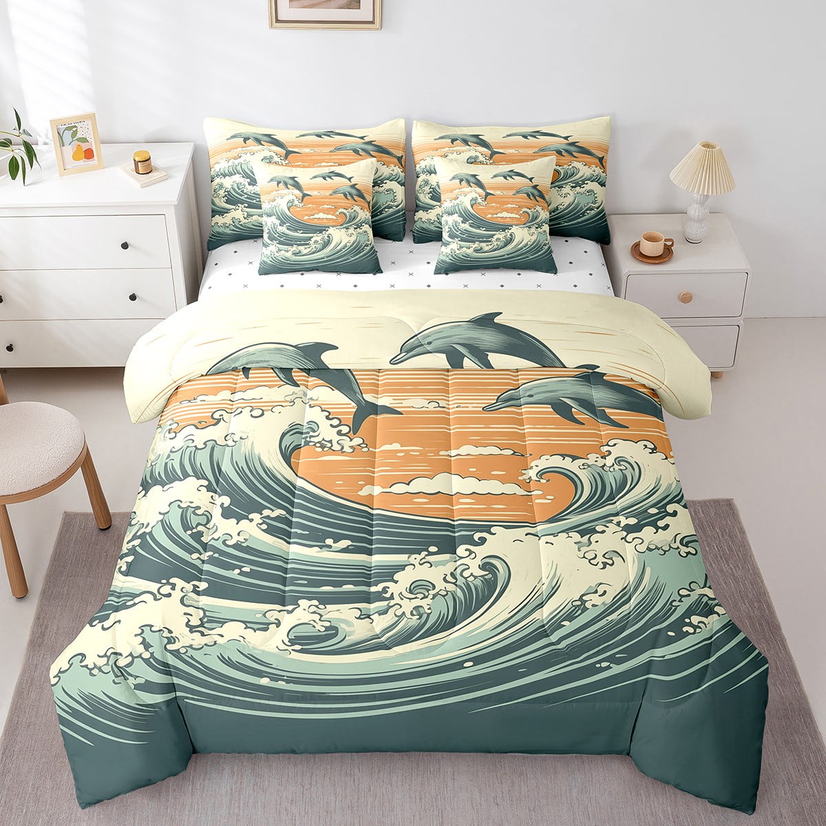 Ocean Wave Bedding Twin Size 7pcs Sea Dolphin Bed In A Bag,Wild Fish ...