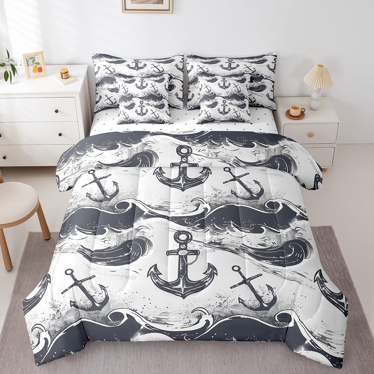 Ocean Wave Comforter Set Twin 7 Piece Marine Nautical Sailboat Bed in a Bag Anchor Sail Boat ...