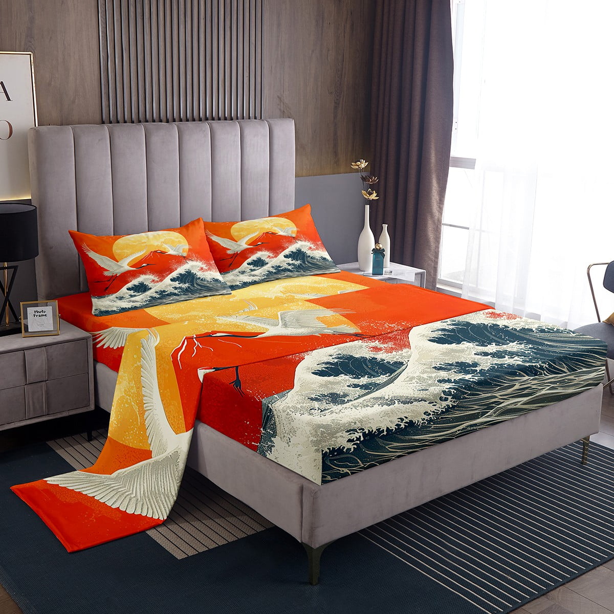 Ocean Wave King Bed Sheets Set Adults,Japanese Crane Bedding Set ...