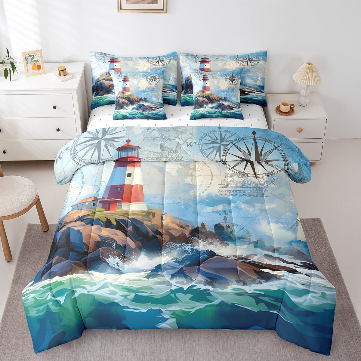 YST Ocean Waves Comforter Set Twin 7 Piece Nautical Decor Marine Bed in ...