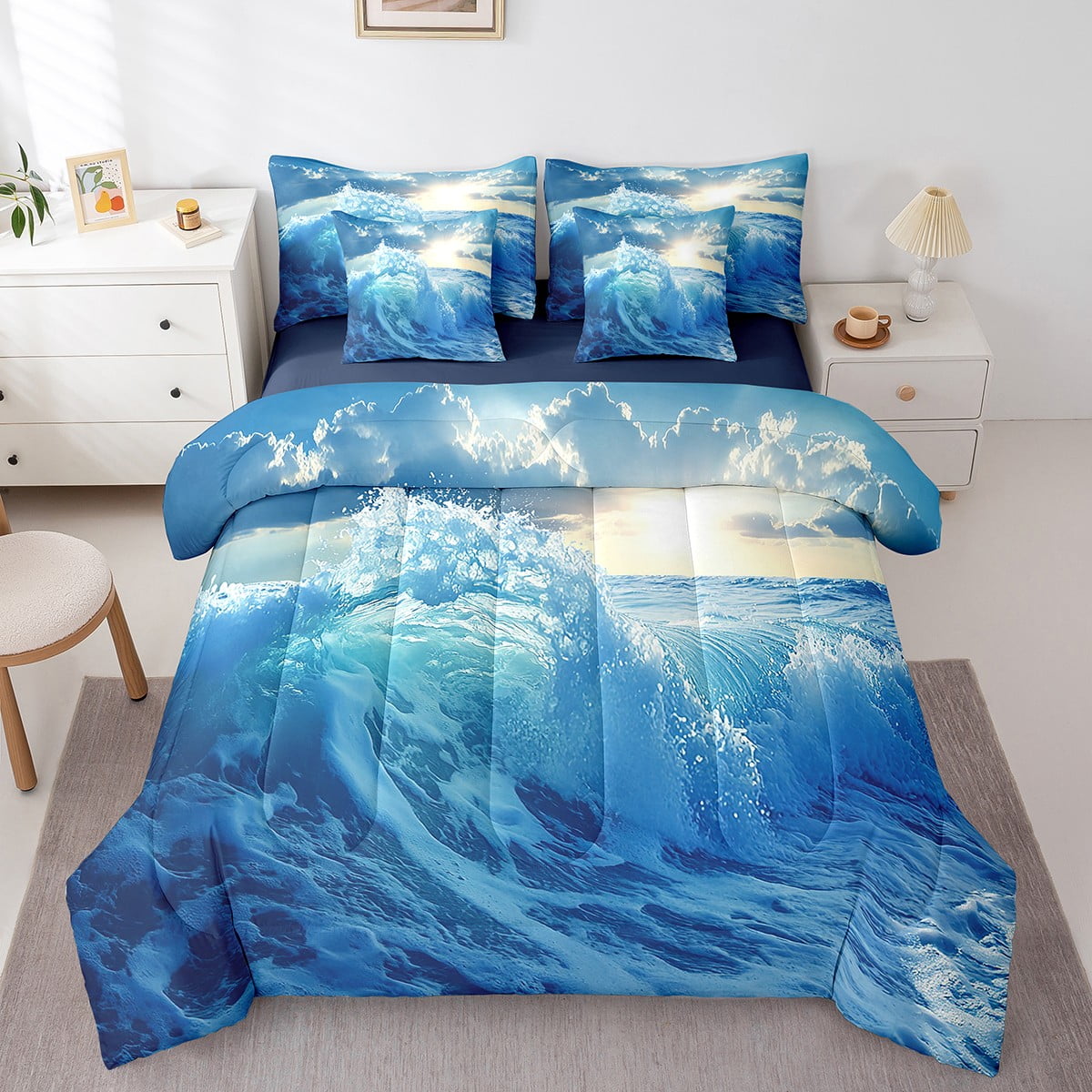 YST Ocean Waves Twin Bed In A Bag 7 Piece Ocean Comforter Set Blue Sea ...
