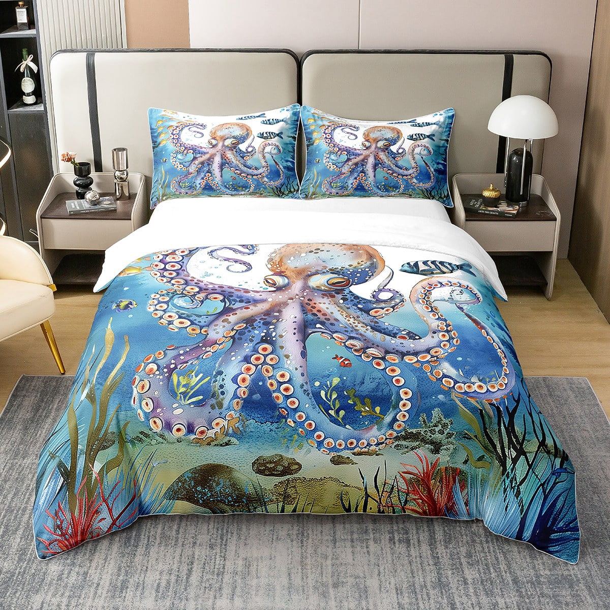 YST Octopus 100% Cotton Duvet Cover,Ocean Marine Life Comforter Cover ...