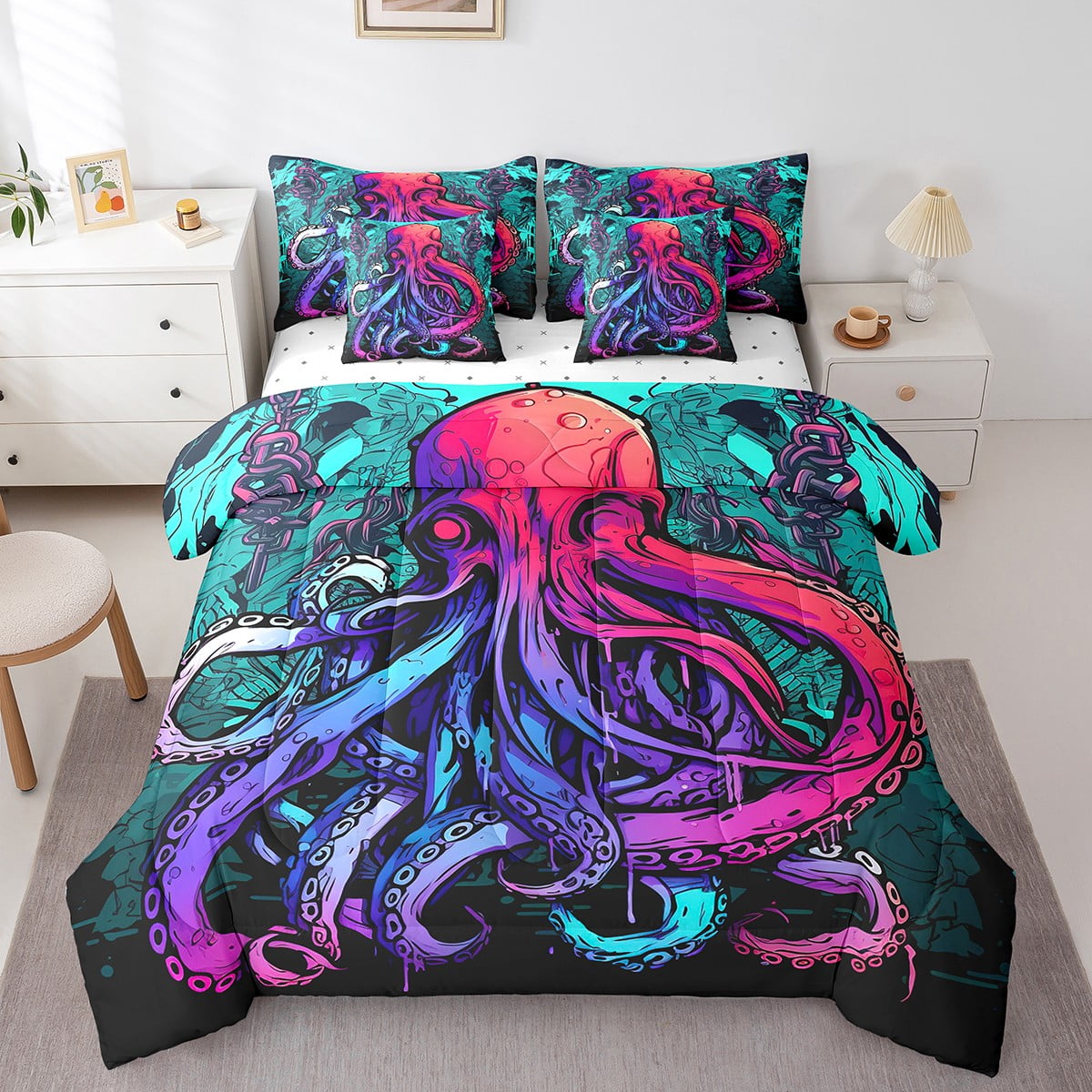 Octopus Bedding Set Full 7 Piece,Ocean Animal Comforter Set With Sheets ...