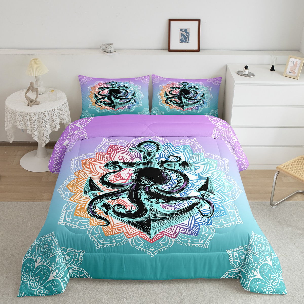 Erosebridal Octopus Comforter Set King, Boho Flower Bedding, Colorful ...