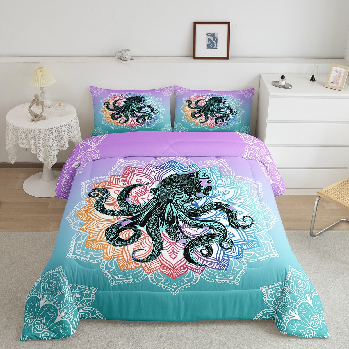 YST Octopus Comforter Set Queen, Boho Flower Bedding for Kids Girls ...