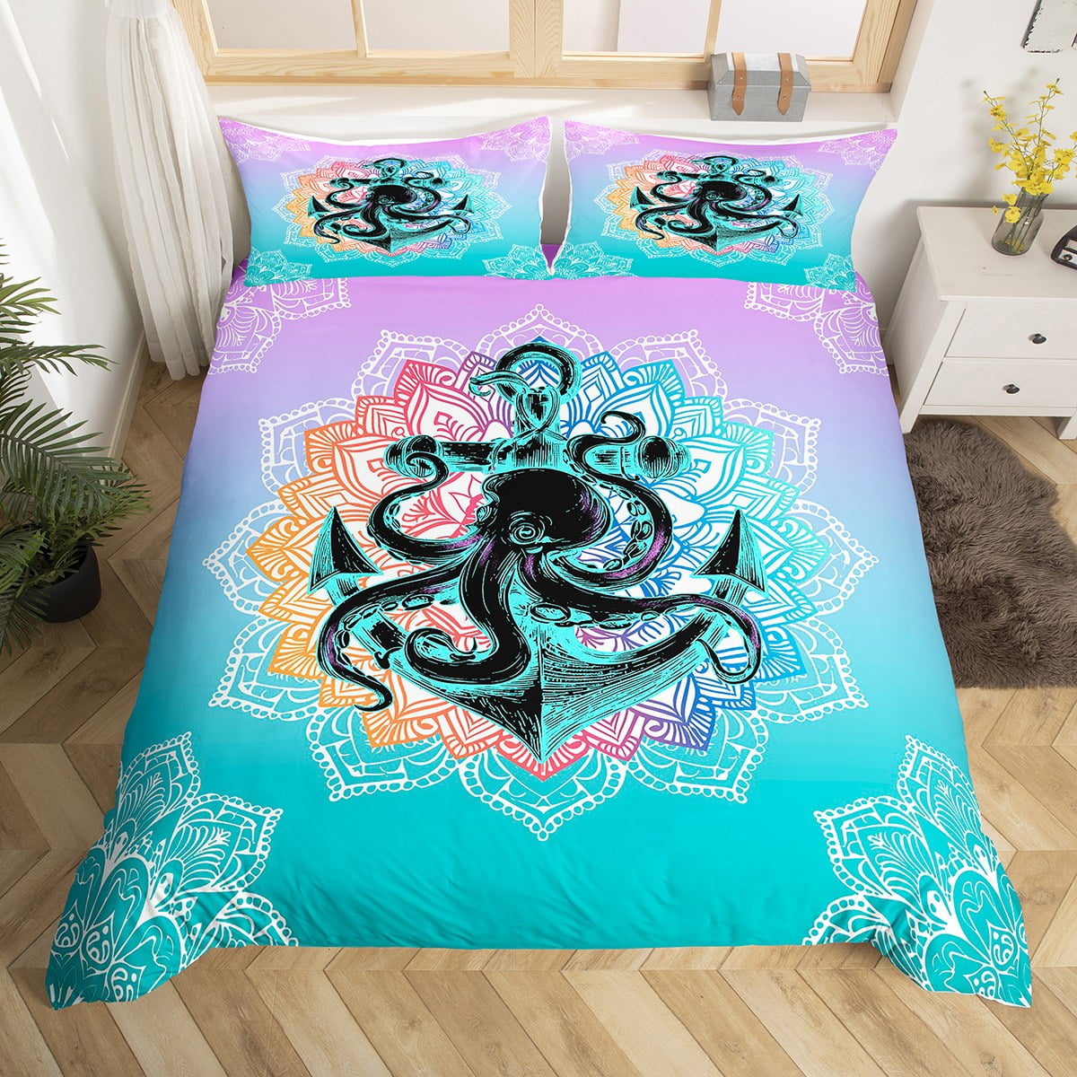 Erosebridal Octopus Duvet Cover Twin, Boho Flower Bedding Set, Colorful ...