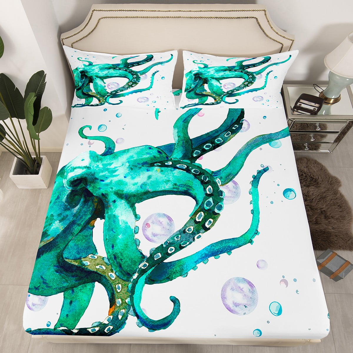 Erosebridal Octopus Fitted Sheet, Ocean Animal Marine Life Bed Sheets ...