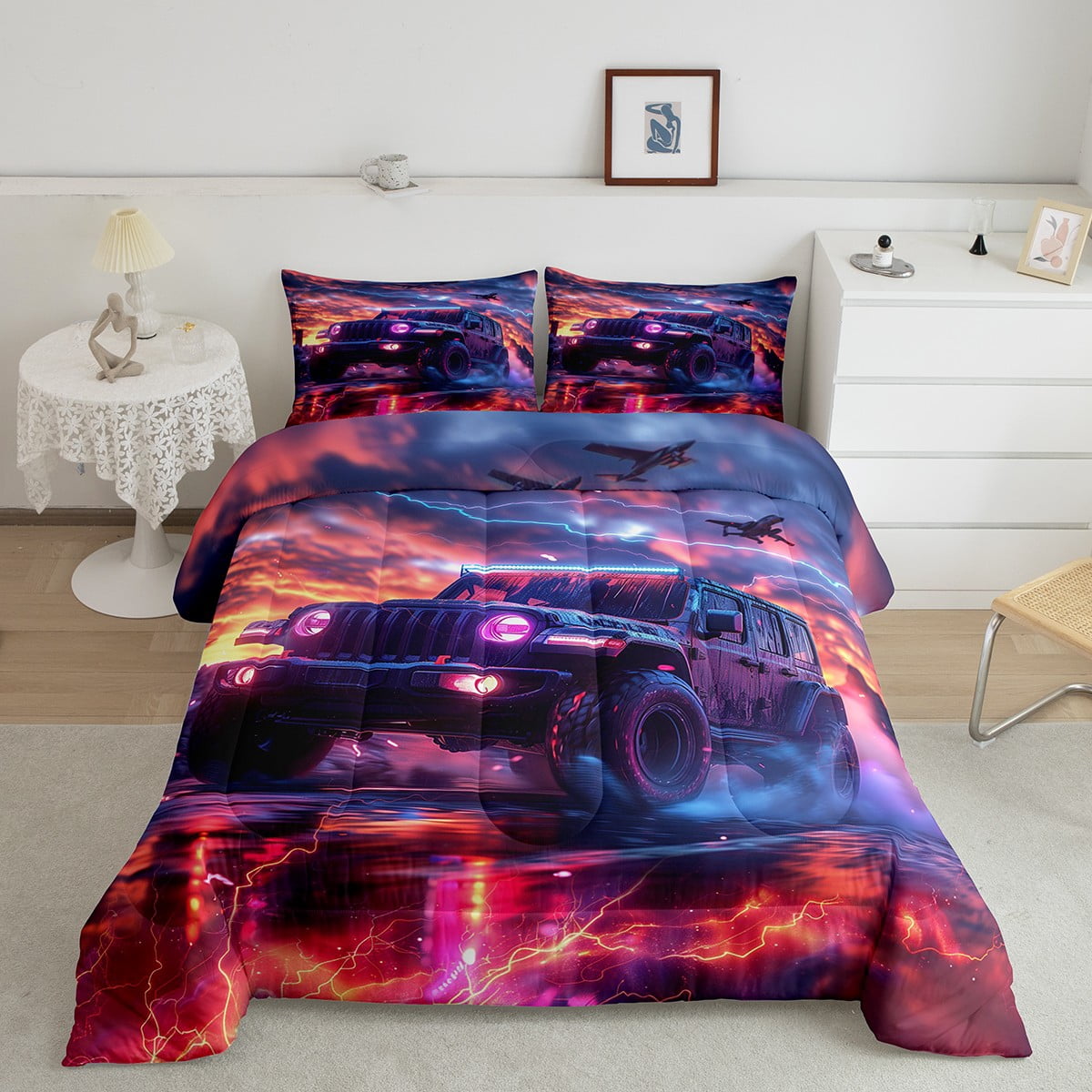 Erosebridal Off-Road Vehicle Bed Pink Neon Lights Bedding Set 3D Cool ...