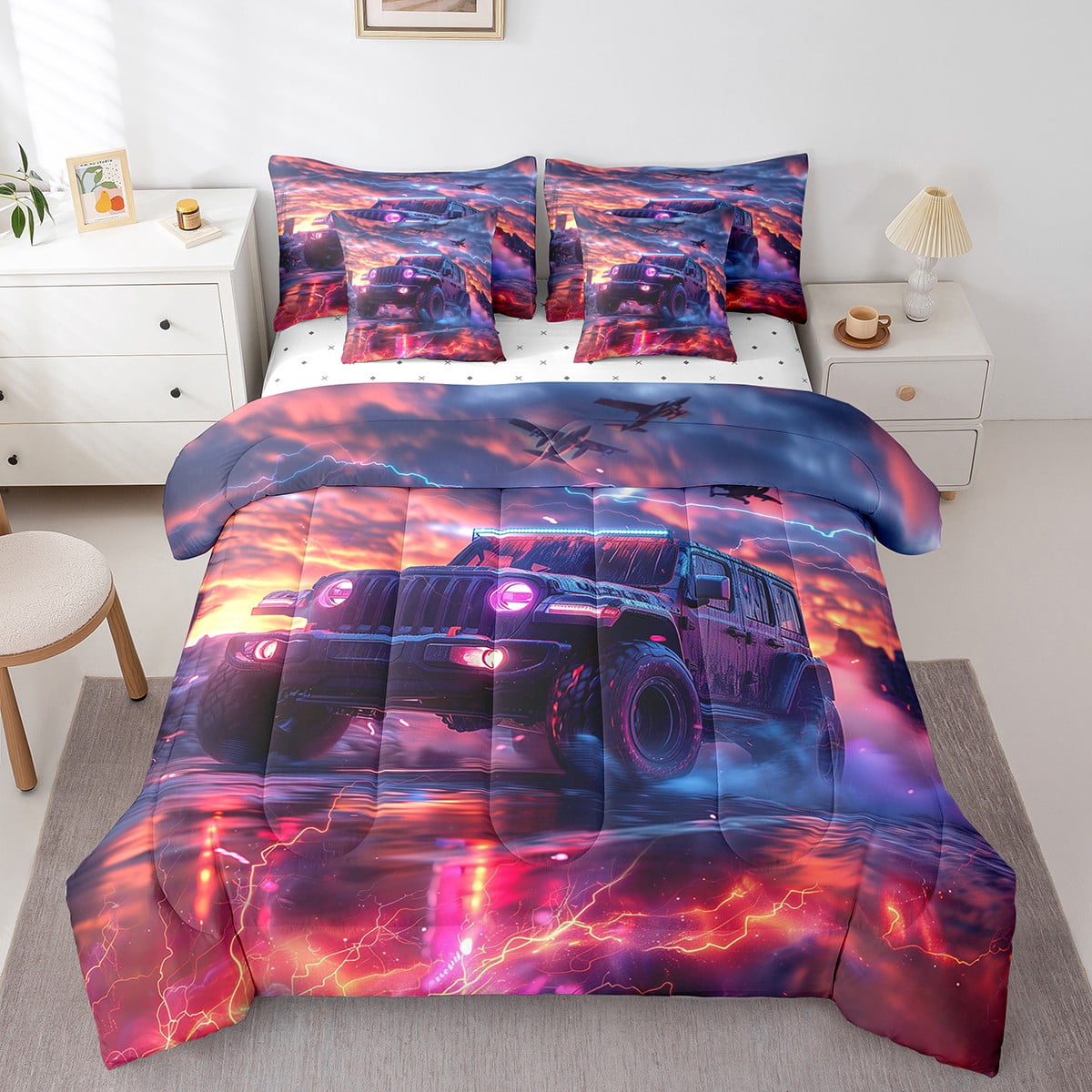 Erosebridal Off-Road Vehicle Bed Pink Neon Lights Twin Size Bedding Set ...