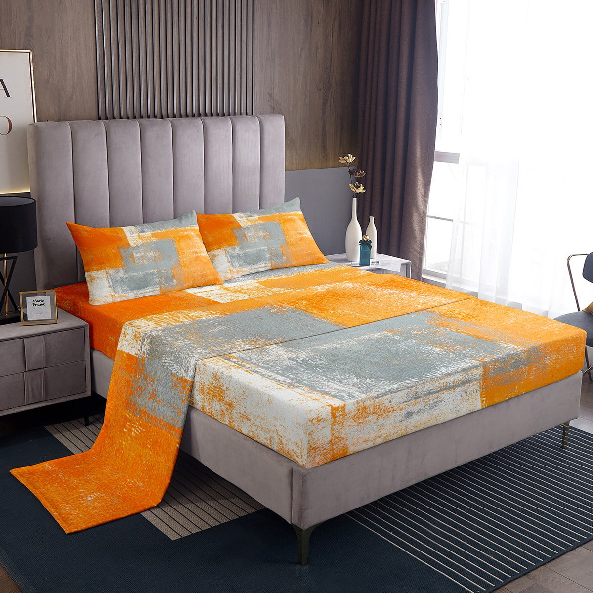 YST Oil Painting Bed Sheets Set for Kids Teens Adult,Orange Grey Ombre ...