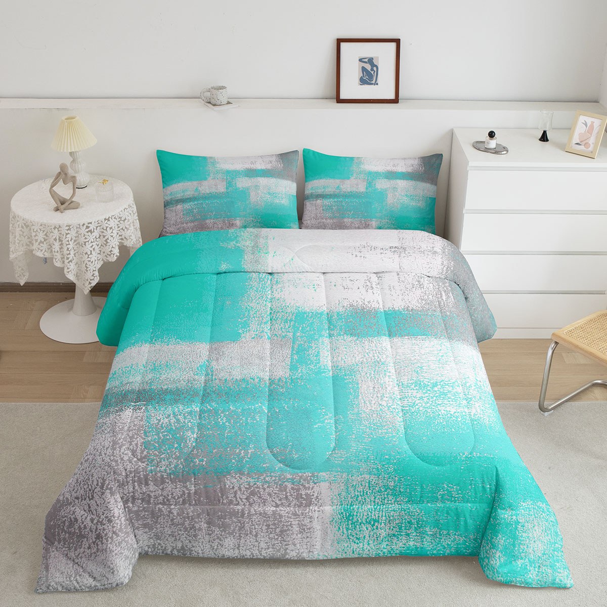 YST Oil Painting Comforter Set for Kids Teens Adult,Teal Grey Ombre ...