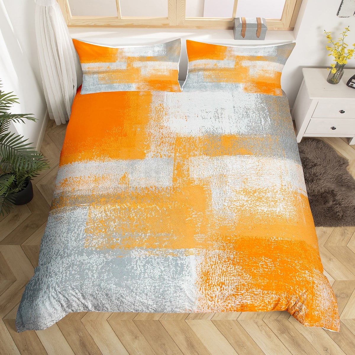 Oil Painting Duvet Cover Teens Adult,Orange Grey Ombre Bedding Set Full ...