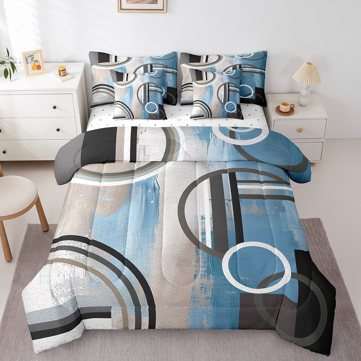 Ombre Geometric Comforter Set King,Navy Blue Bed in a Bag 7 Piece ...